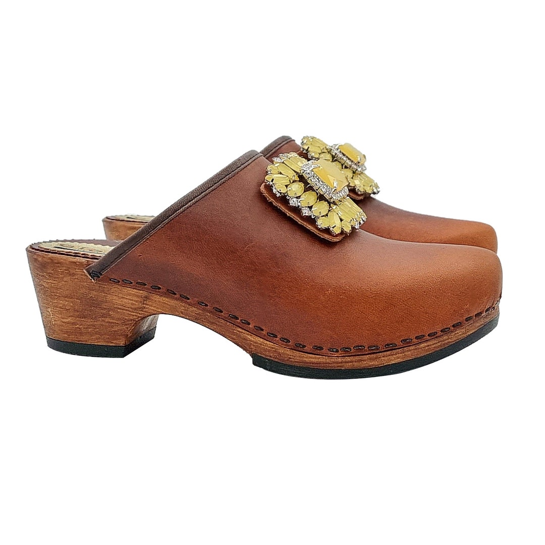 Brown Swedish Clogs With Golden Rhinestone Jewel Accessory - Made in ...
