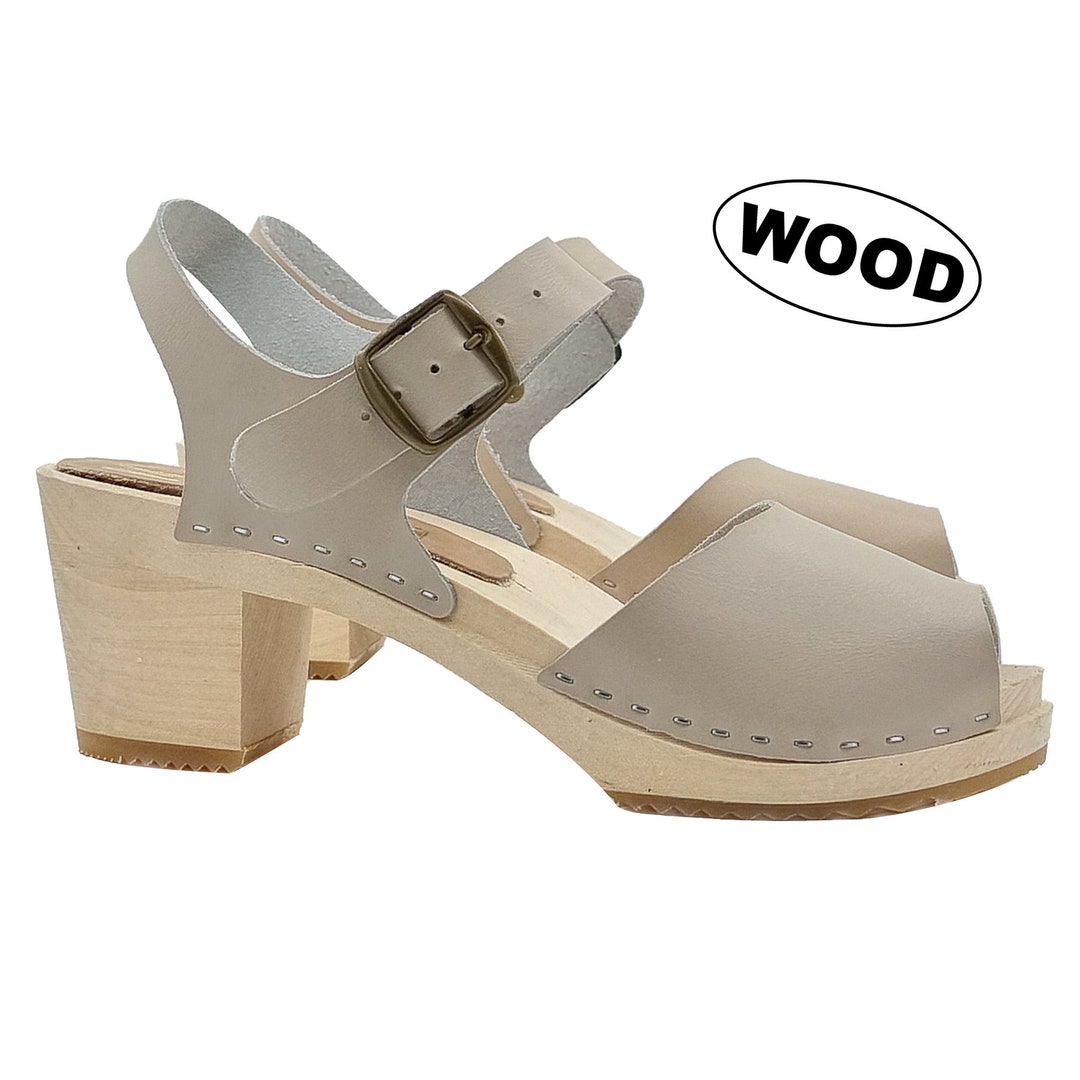Open Toe Clogs in Ice-colored Leather With 6.5 Cm Heel - Made in Italy ...
