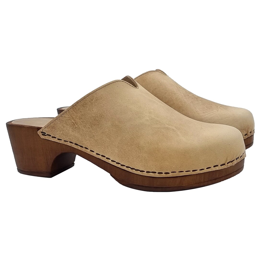 Taupe Colored Swedish Clogs in Leather 4 Cm Heel - Made in Italy ...