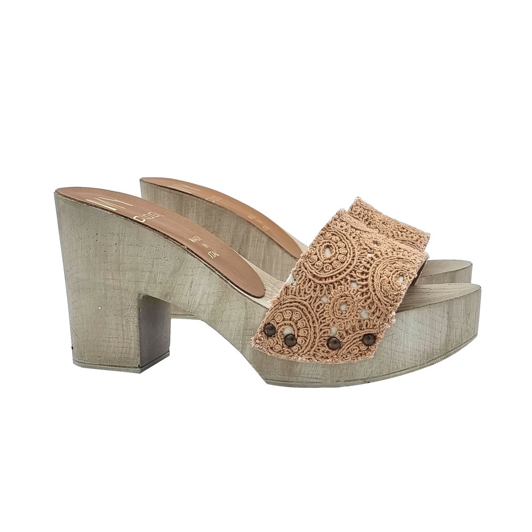 Clogs With Beige Lace Band Heel 9 Cm - Made in Italy - MY1410 BEIGE ...