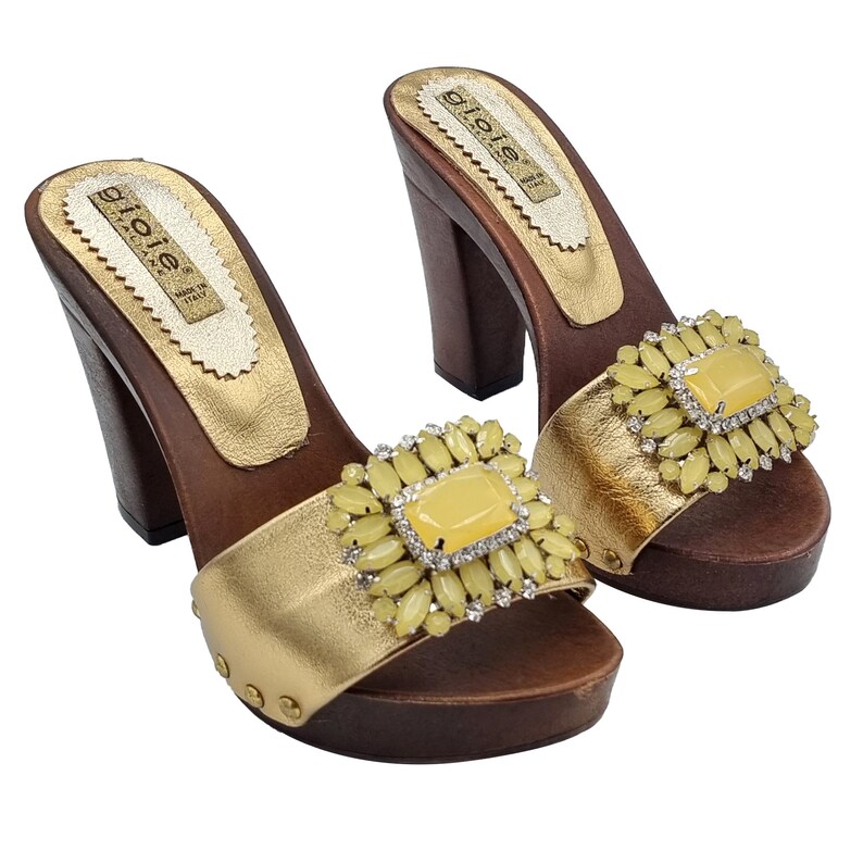 Women's Clogs With Golden Uppers Enriched With a Jewel Accessory - Made ...