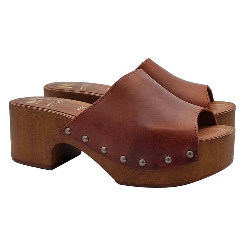 Women's Leather Clogs With 6 Cm Heel - Made in Italy - MY261 CUOIO - Etsy