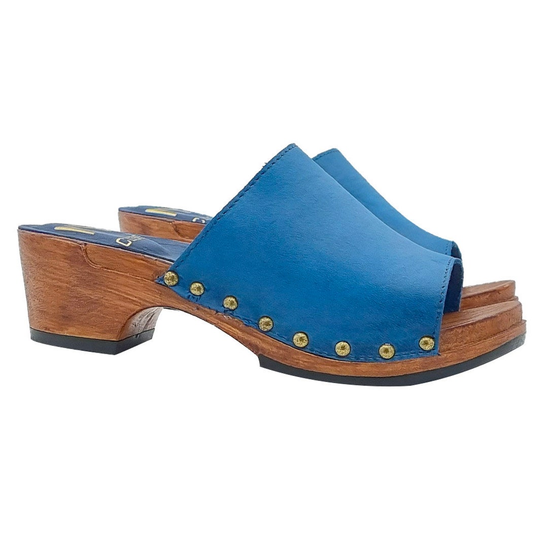 Low Turquoise Clogs With Wide Leather Band - Made in Italy - MY200 ...