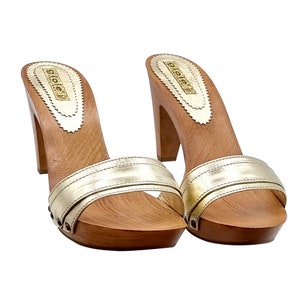 Women's Clogs With Double Band in Gold-colored Leather and 9.5 Heel ...