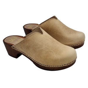 Taupe Colored Swedish Clogs in Leather 4 Cm Heel - Made in Italy ...