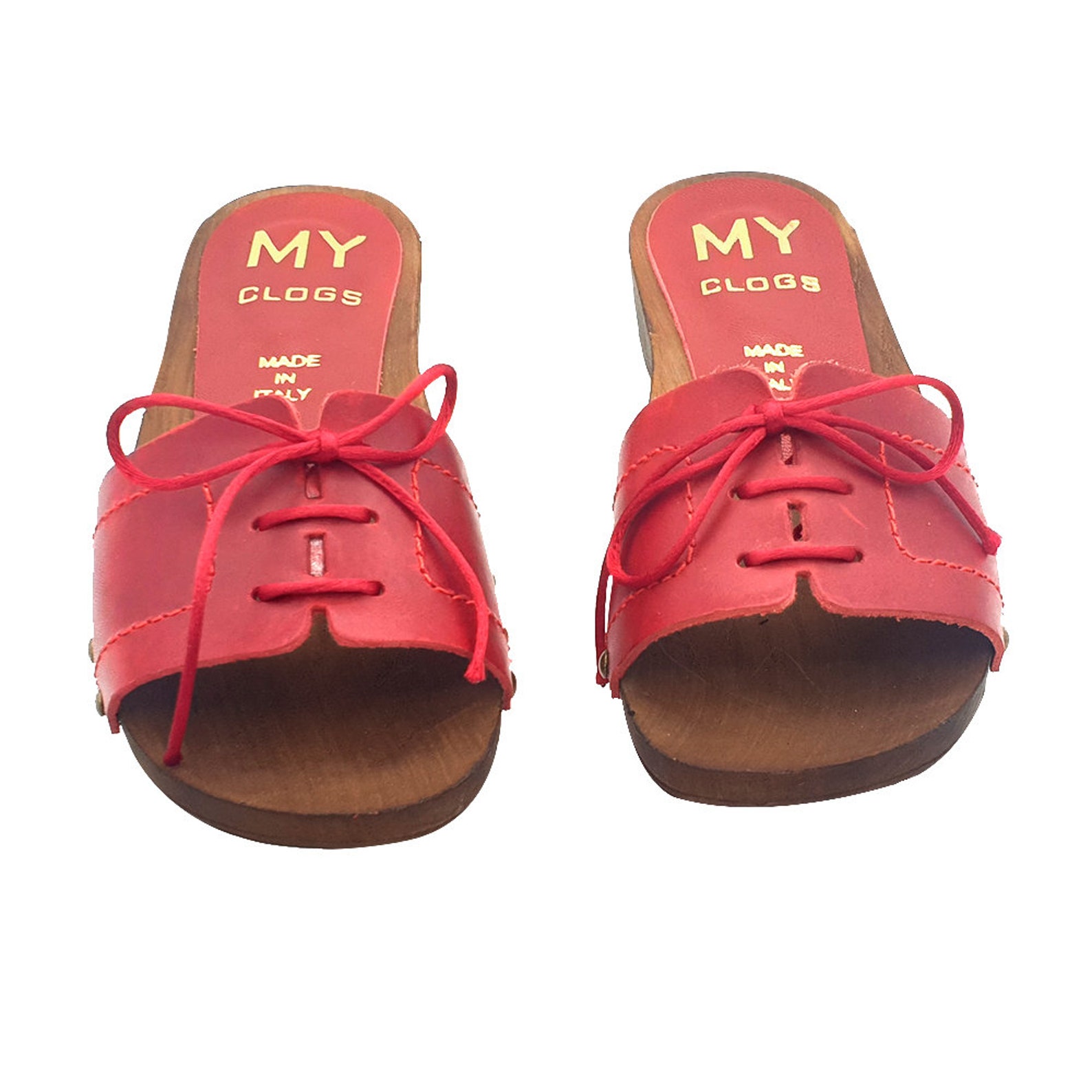 Comfortable Low Clogs in Genuine Red Leather With Laces - Etsy