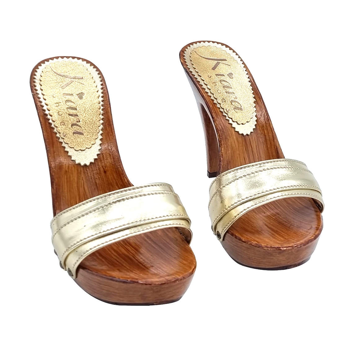 Gold Clogs With Double Leather Band and Heel 11 - Made in Italy ...