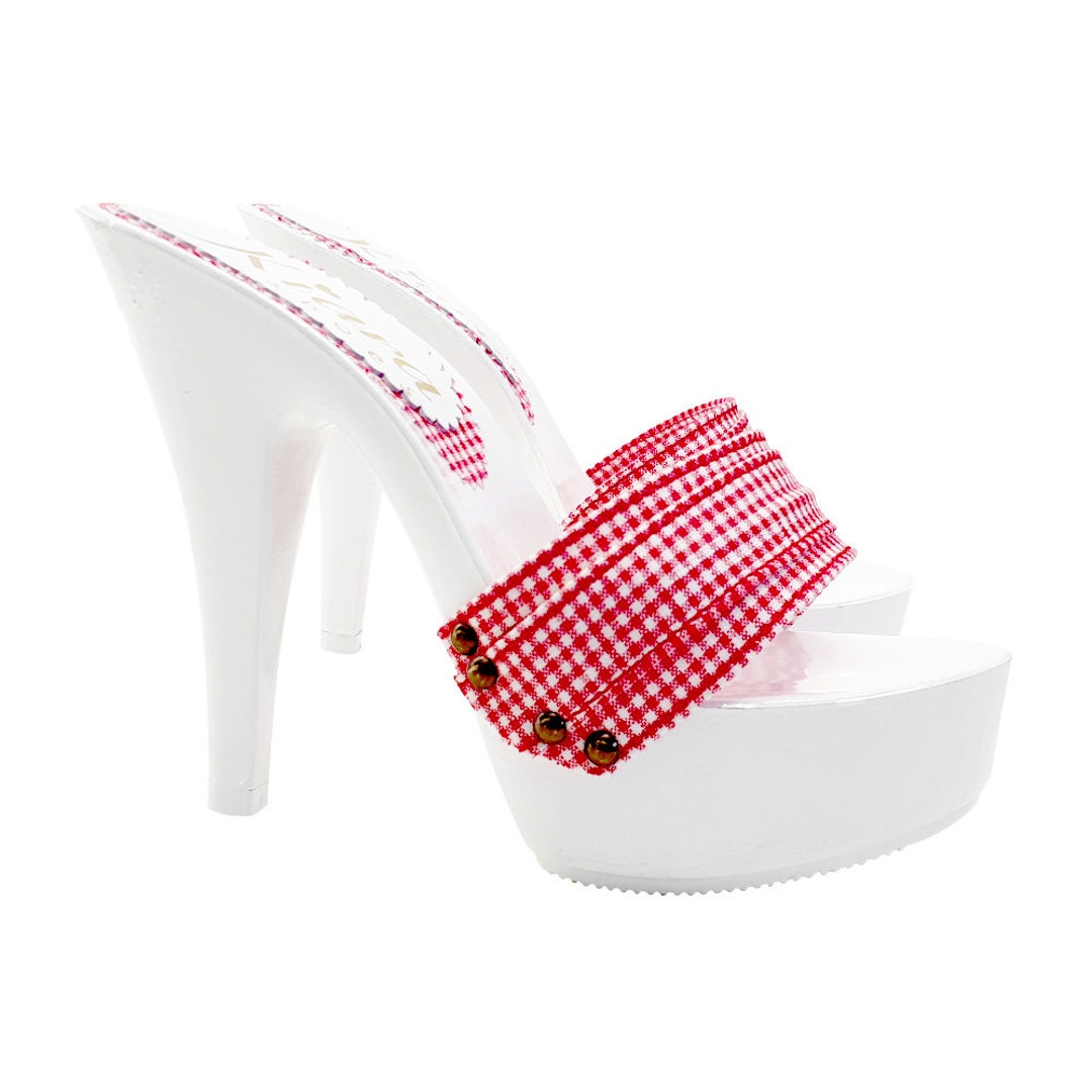 White Clogs With Pin up Style Red Squared Band and 13 Cm Heel - Made in ...