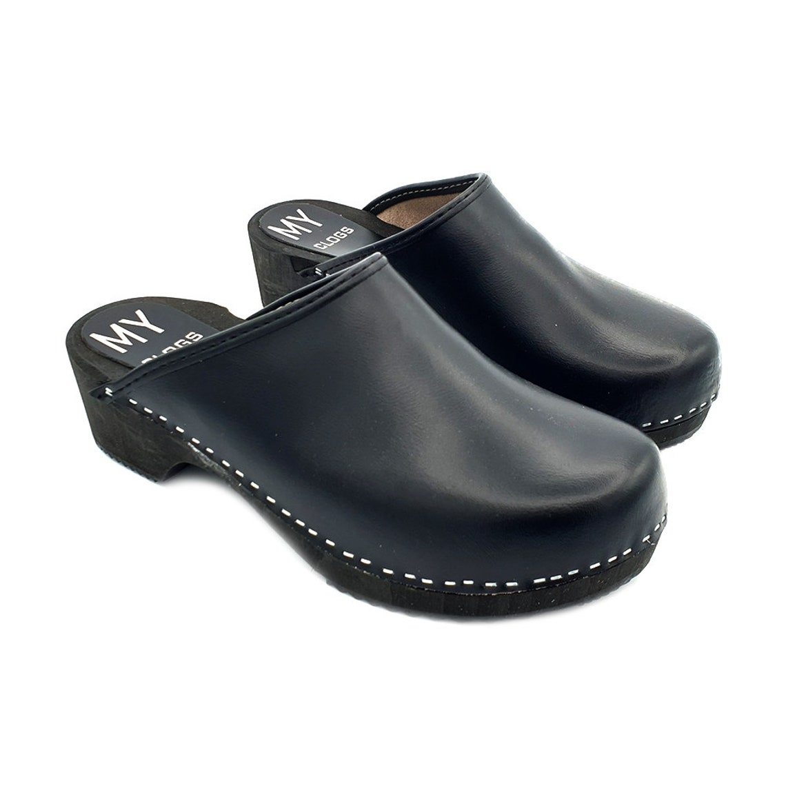 Classic real wood clogs Black leather upper Made in Italy | Etsy