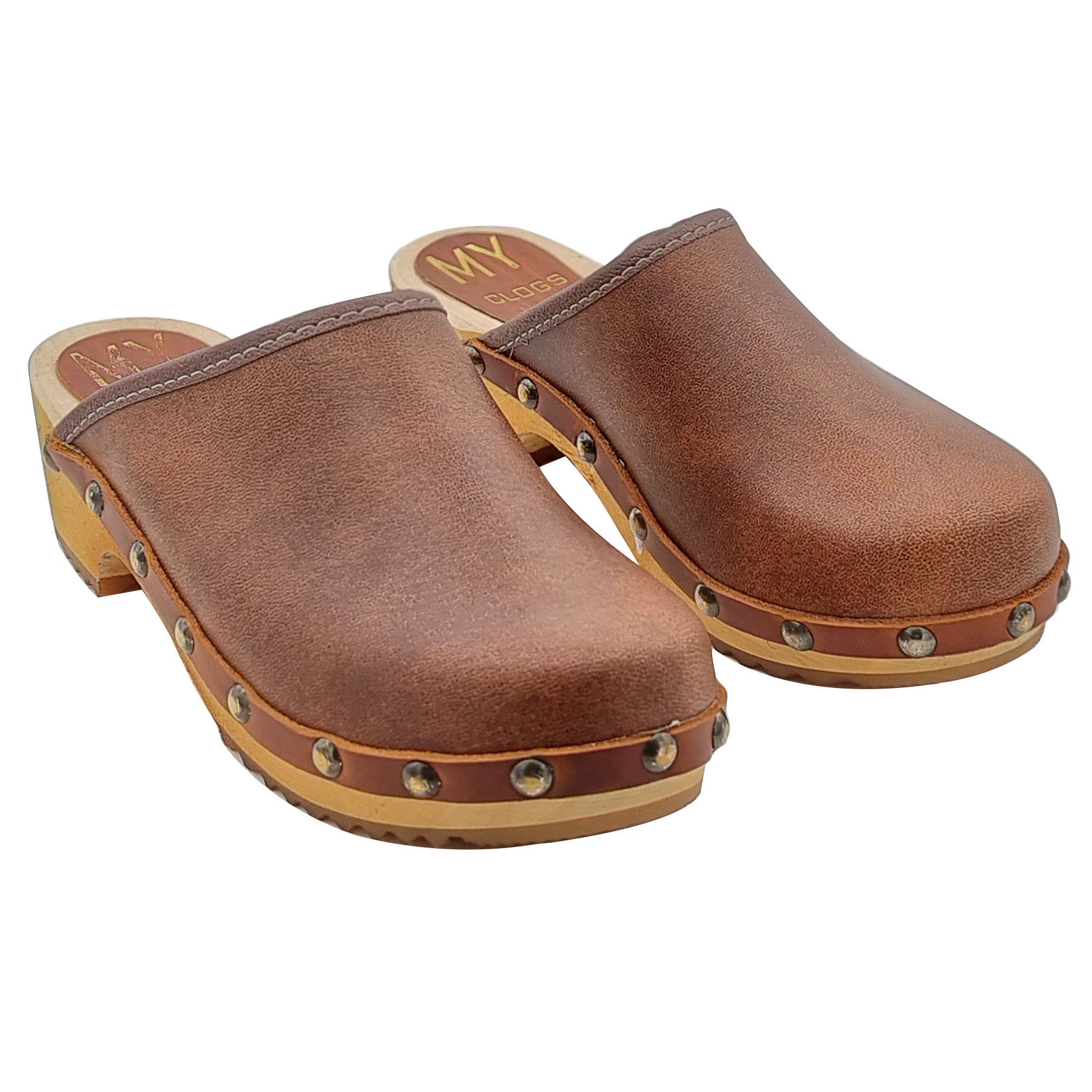 Clogs With Structure in Wood and Upper in Genuine Leather - MY6422 ...