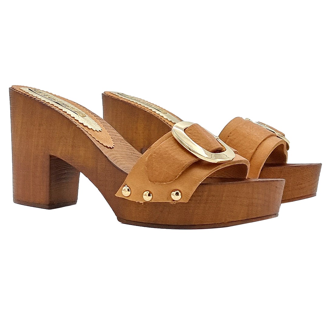 Women's Clogs With Leather Upper and Gold Buckle - G1042 CAME - Etsy
