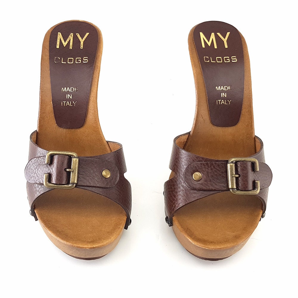 Brown Italian Leather Clogs MY3230 MARRONE - Etsy