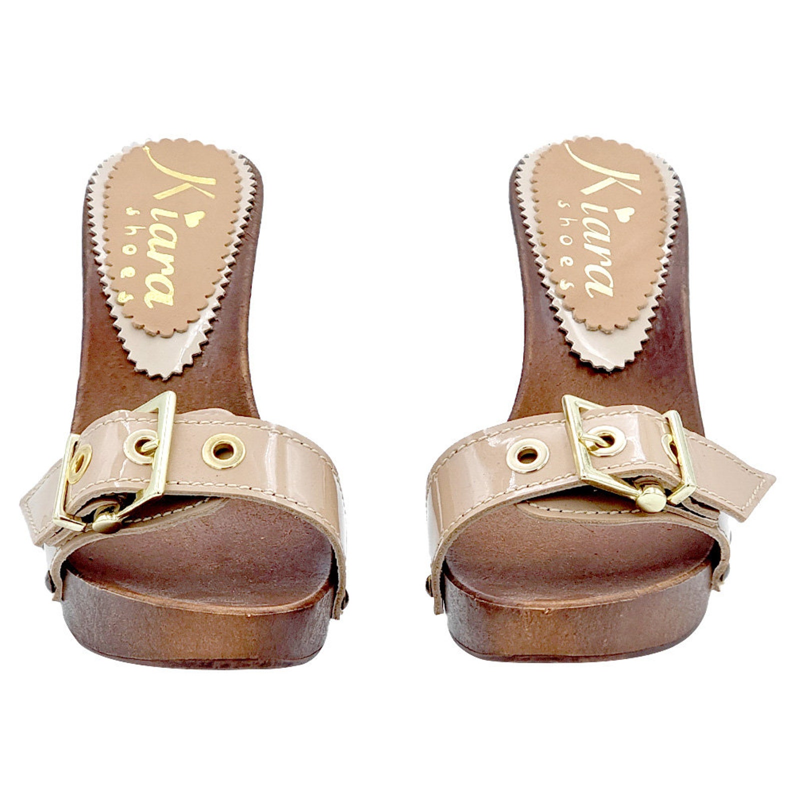Beige Mules With Patent Leather Band and Golden Buckle - Made in Italy ...