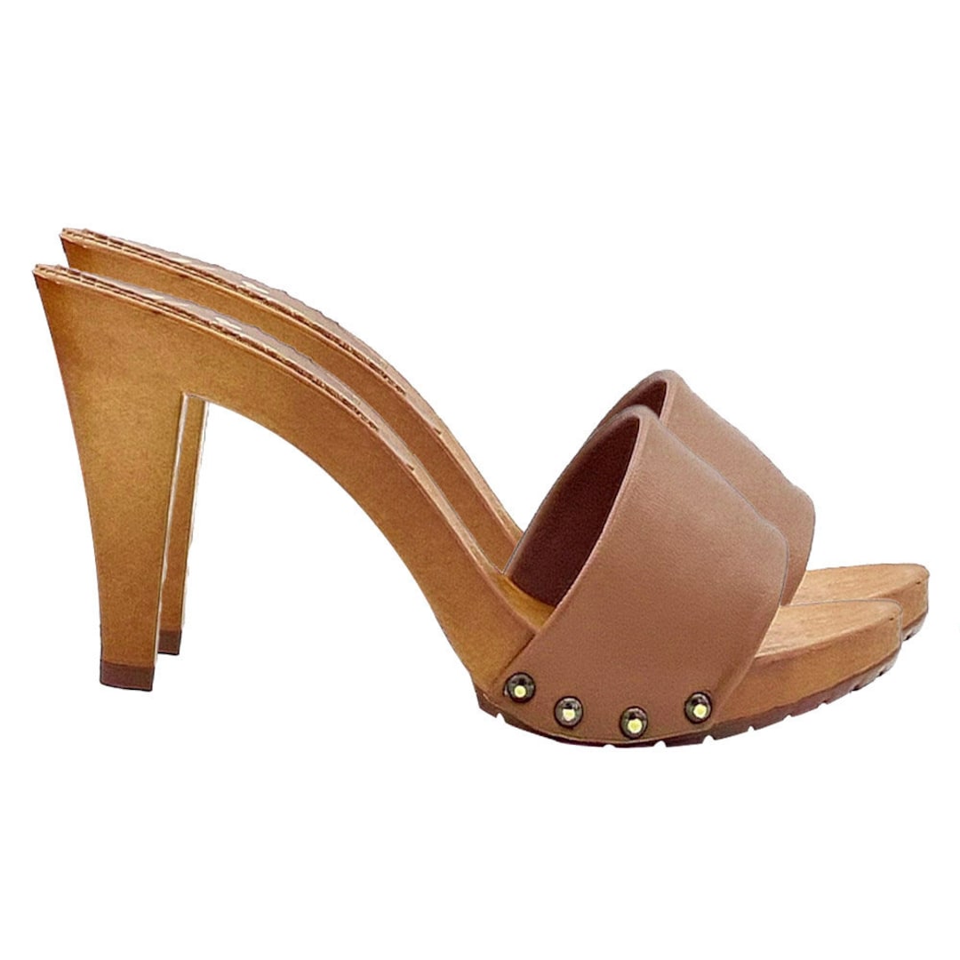 Leather-colored Clogs With 9 Cm Heel - Made in Italy - K6308 CUOIO - Etsy