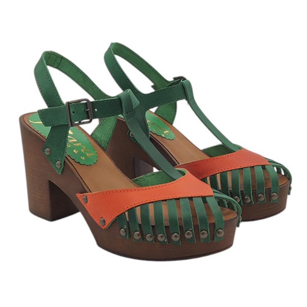 Two-tone Sandals in Green and Orange Leather - HEEL 9 CM - Made in ...