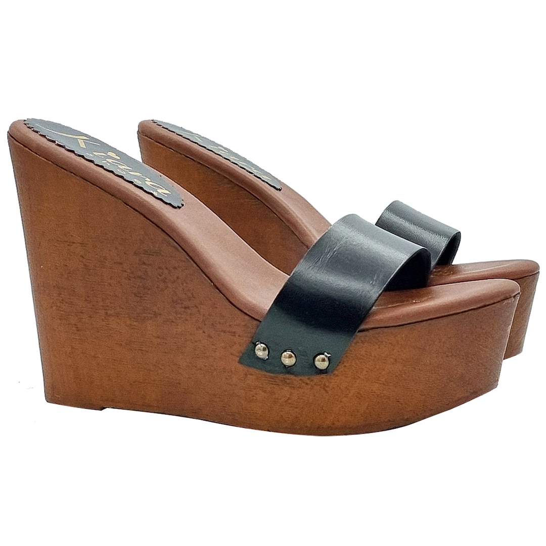 Wedges With Black Leather Band and Comfortable Heel 13 - Made in Italy ...