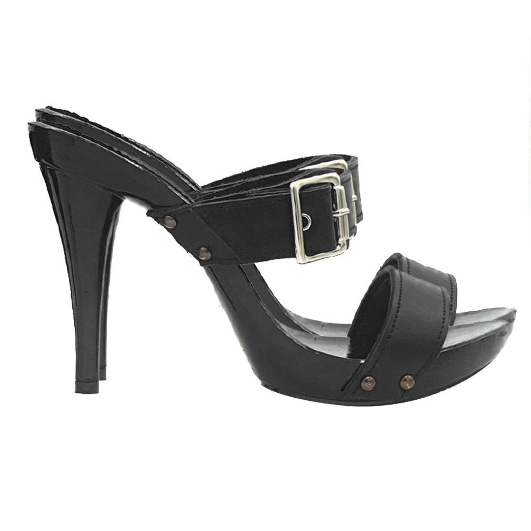 Black Mules With Double Band in Leather With Buckle and Heel 13 Made in ...