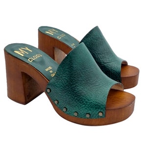 Green Clogs With Wide Leather Band and Heel 9 - Made in Italy - MY226 ...