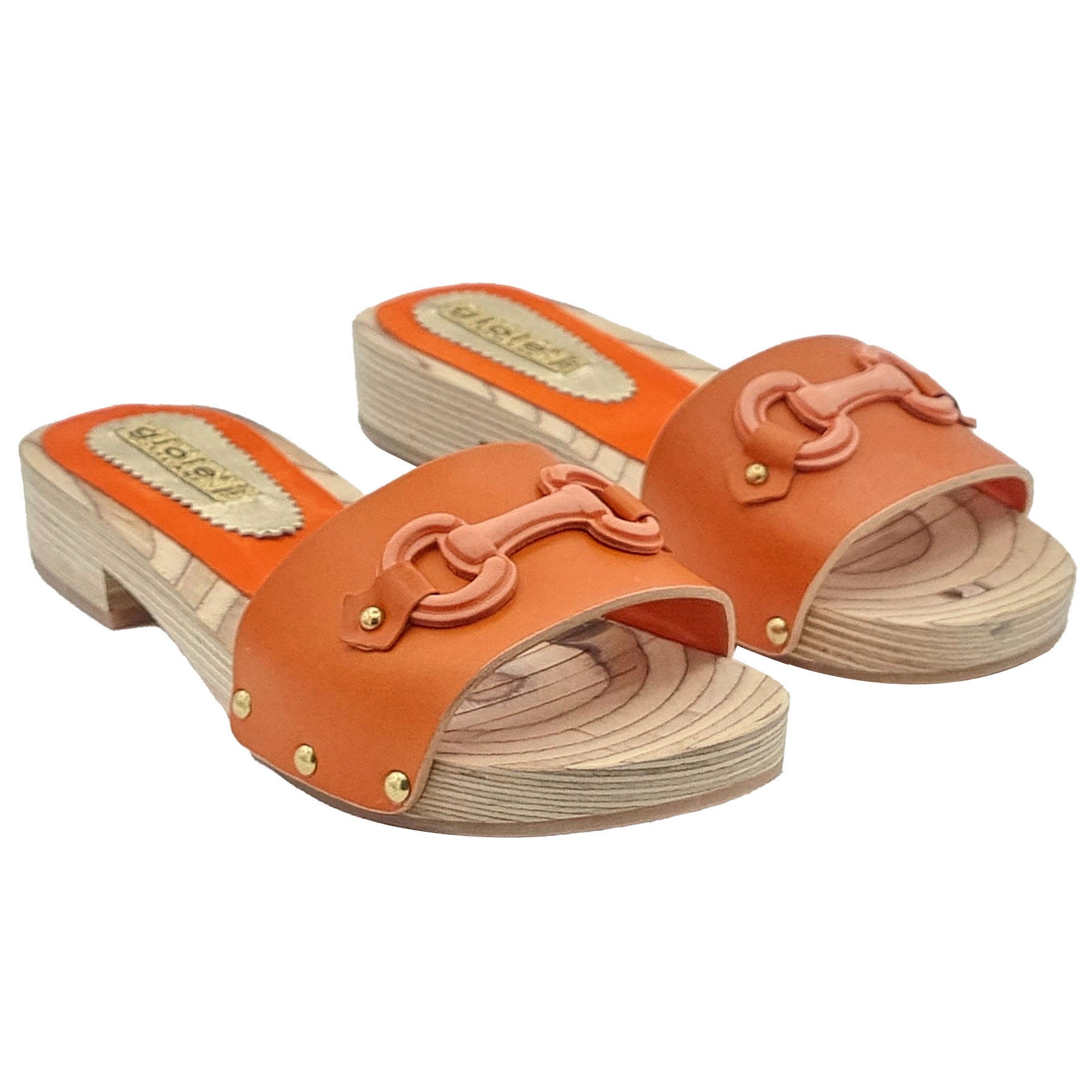 Orange Clogs in Leather With 2.5 Cm Heel - Made in Italy - GL133 ...