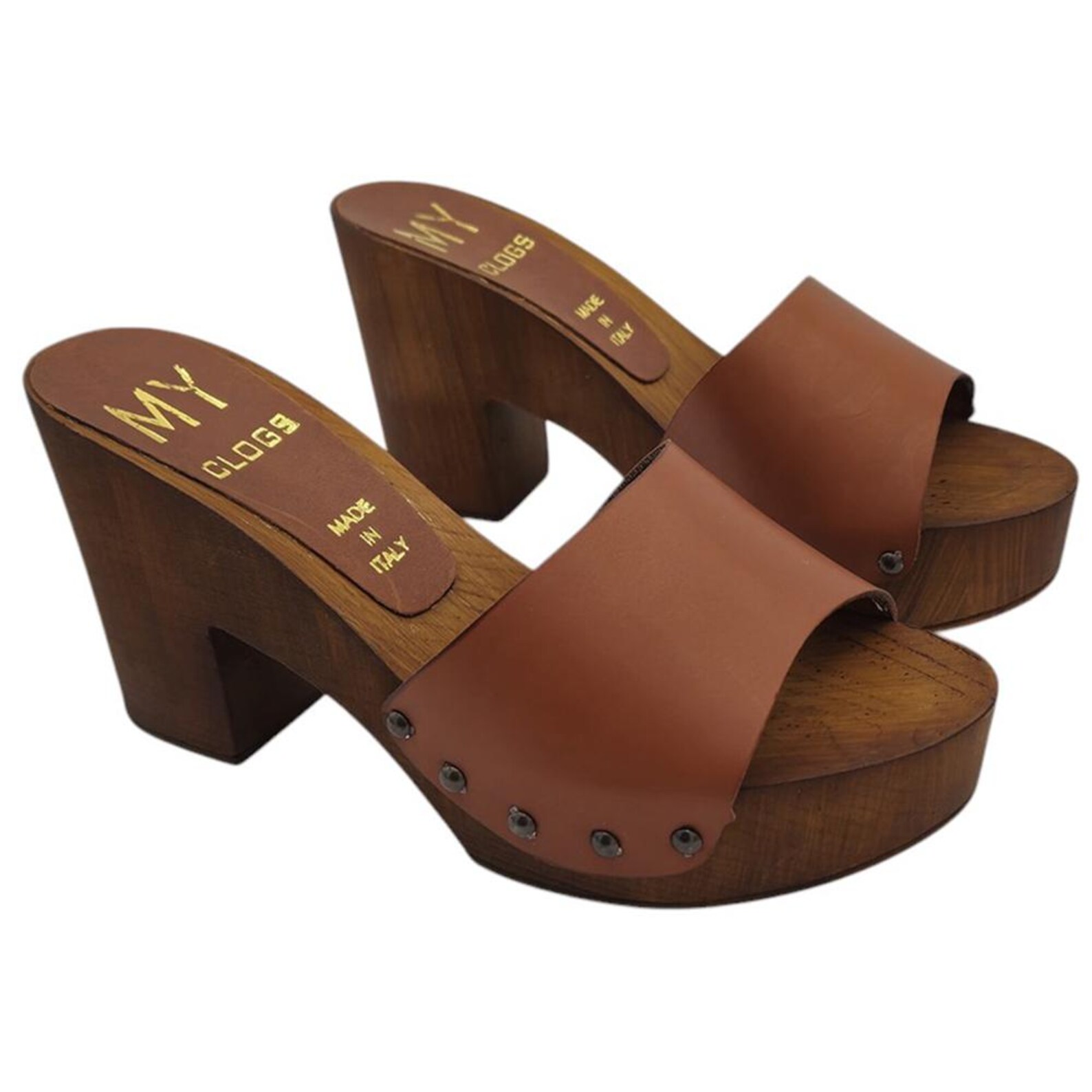 Brown Leather Clogs With 9 Cm Heel - Made in Italy - MY139 CUOIO - Etsy
