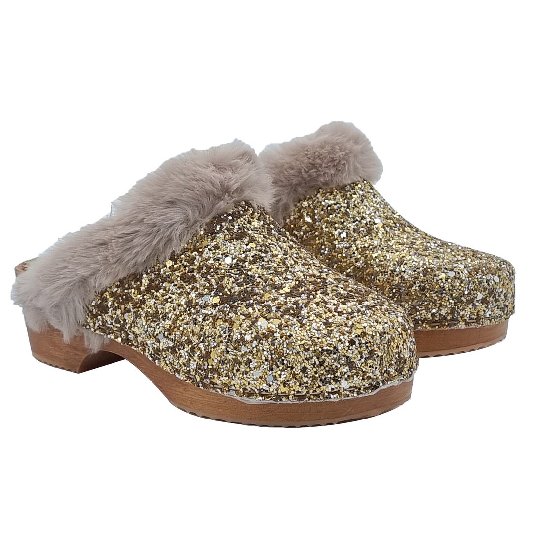 Gold Glitter Girl's Clogs With Synthetic Fur - Made in Italy - GL114 ...