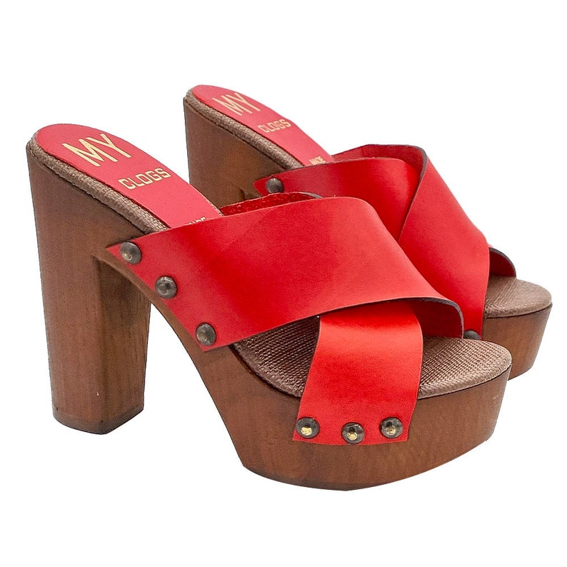 Red Clogs With Crossed Leather Bands and Heel 12 Made in - Etsy