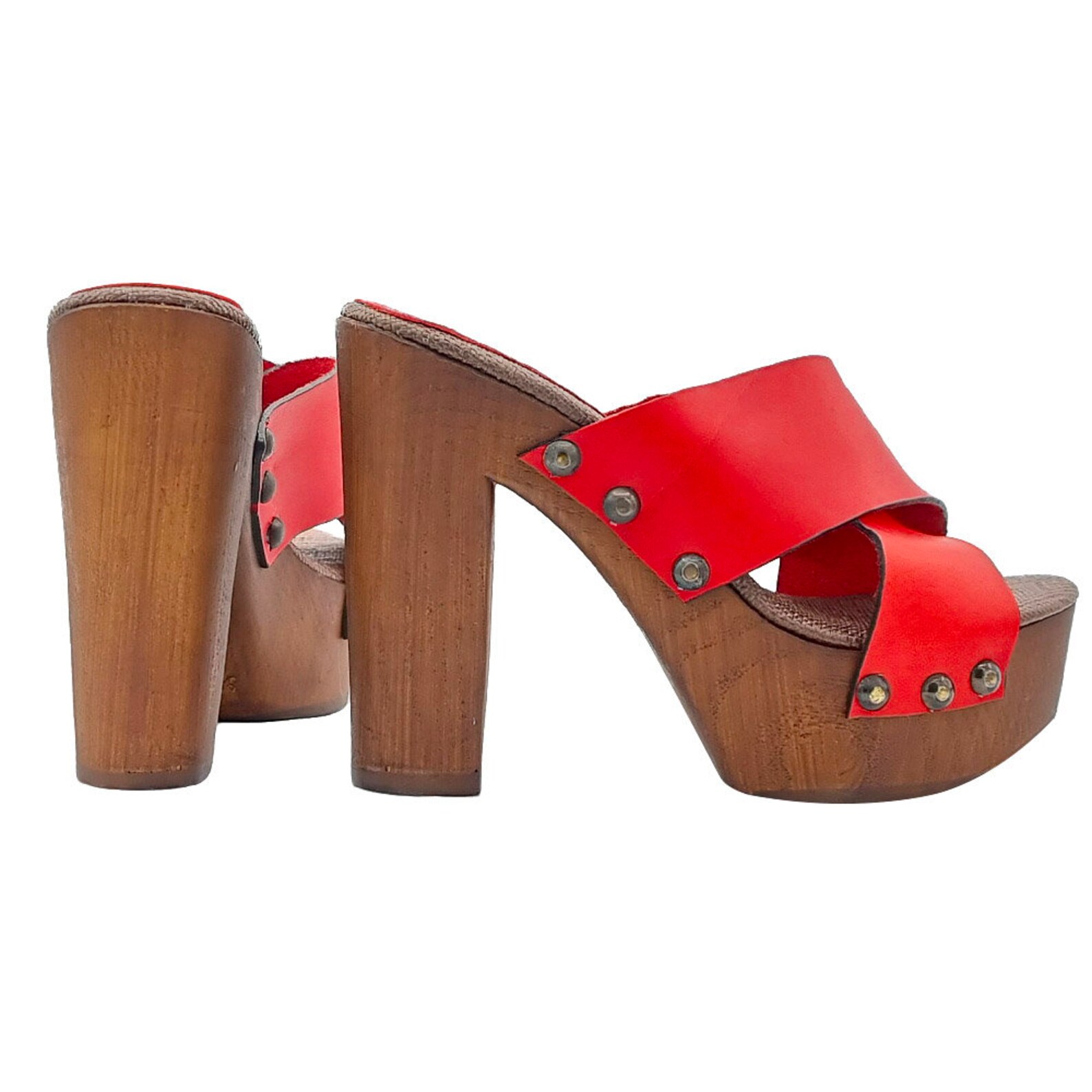 Red Clogs With Crossed Leather Bands and Heel 12 Made in - Etsy