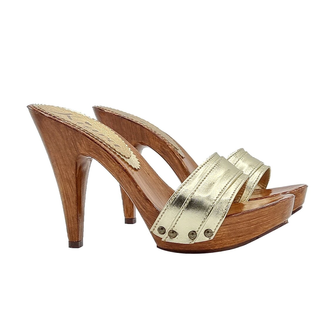Gold Clogs With Double Leather Band and Heel 11 - Made in Italy ...