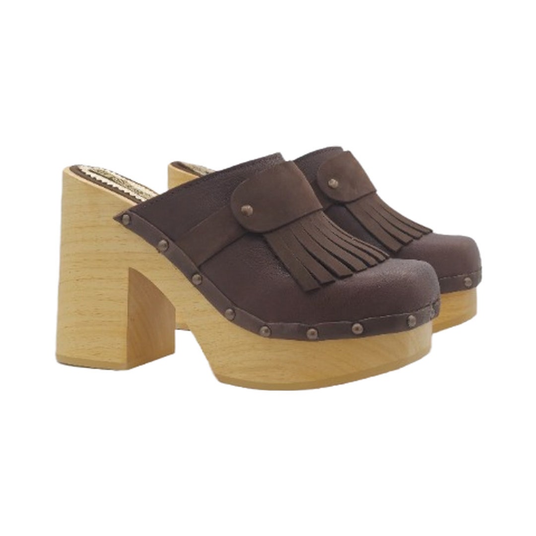 Swedish Wooden Mules | 12 Cm Heel & Upper With Fringes - Made in Italy ...