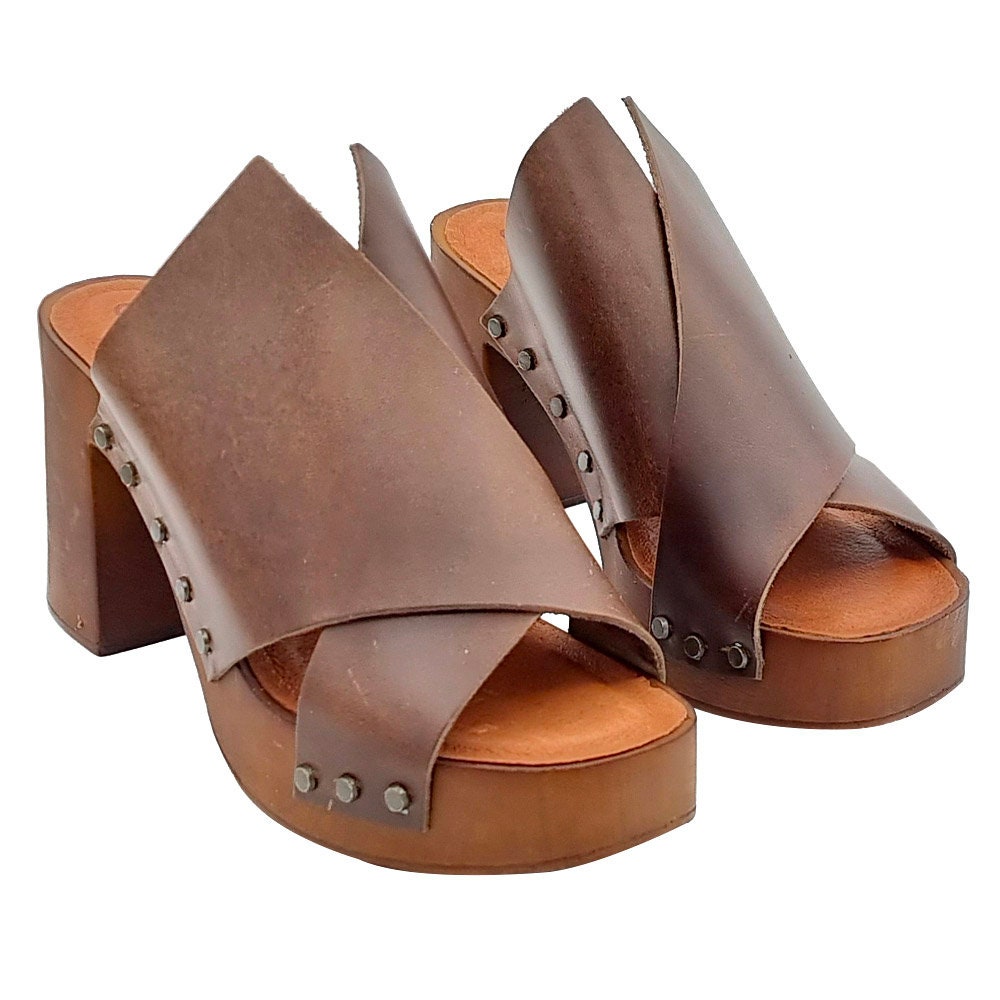 Brown Leather Clogs With Crossed Band and 8.5 Heel Made in - Etsy
