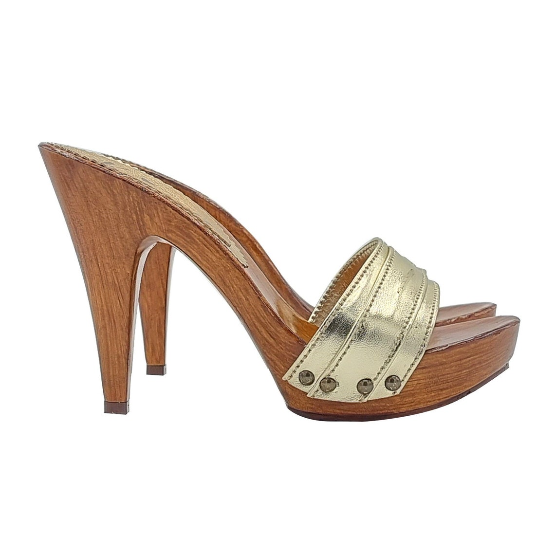 Gold Clogs With Double Leather Band and Heel 11 - Made in Italy ...