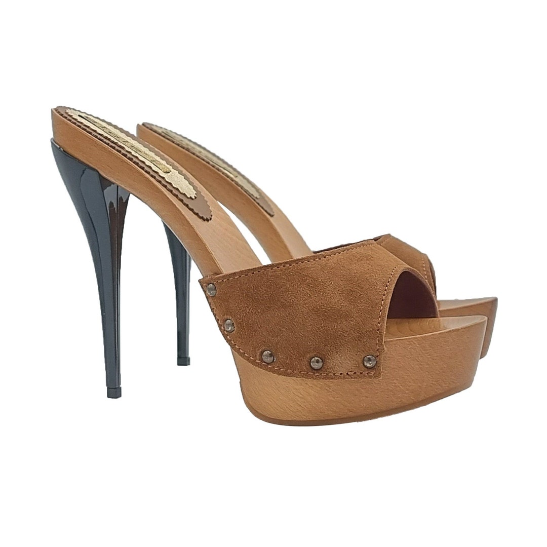 Elegant Clogs With Brown Suede Band and 14 Cm Stiletto Heel - From 35 ...