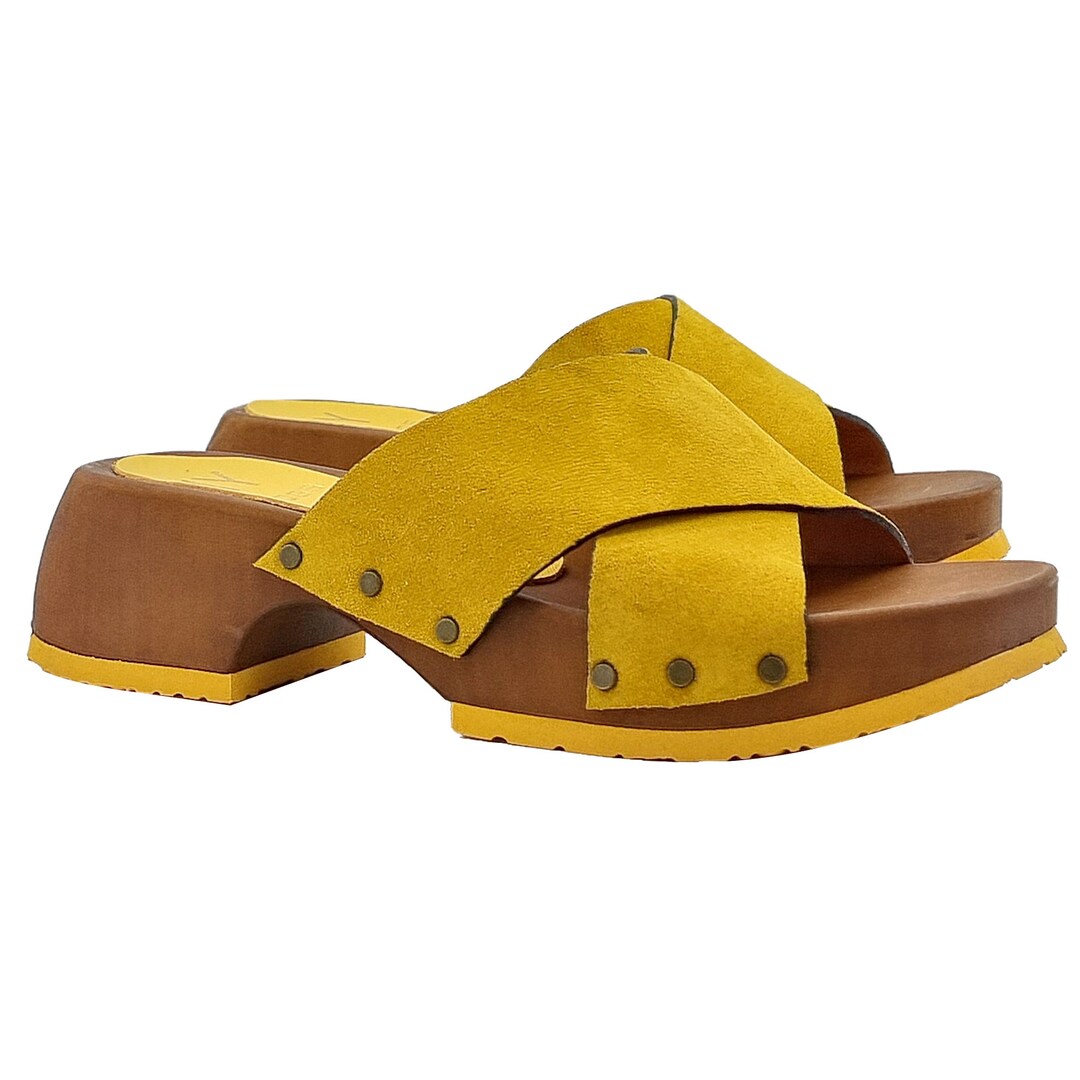 Clogs With Crossed Bands in Yellow Suede and Heel 5 - Made in Italy ...