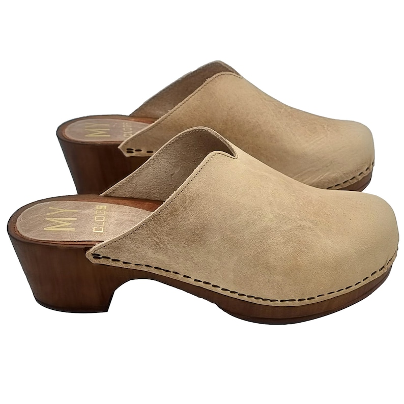 Taupe Colored Swedish Clogs in Leather 4 Cm Heel - Made in Italy ...