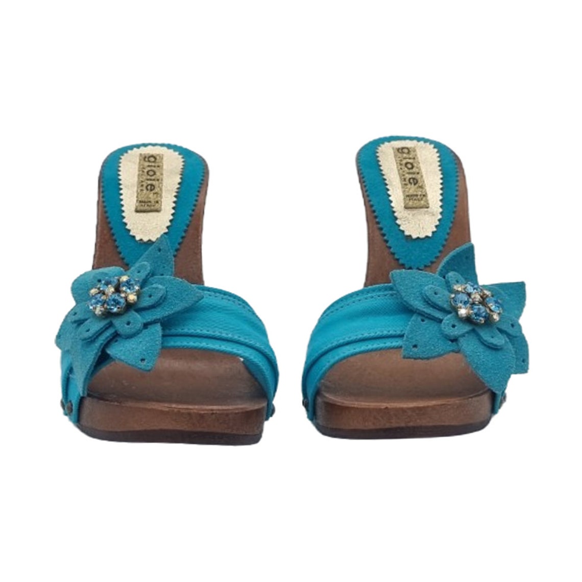 Women's Clogs With Turquoise Flower and Rhinestones - Made in Italy ...