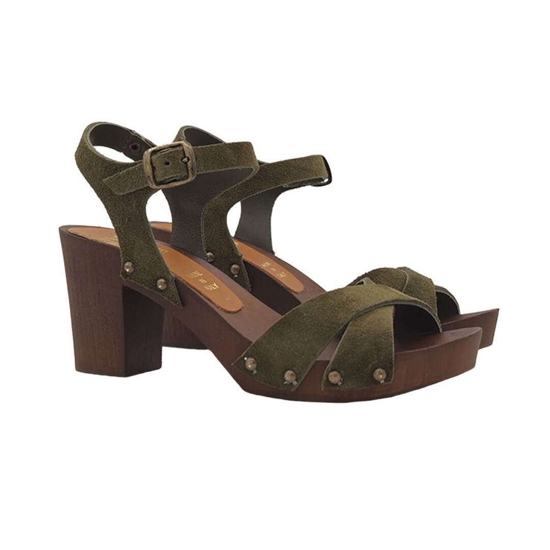 Women's Green Mules With Double Crossed Band in Suede Leather - Made in ...