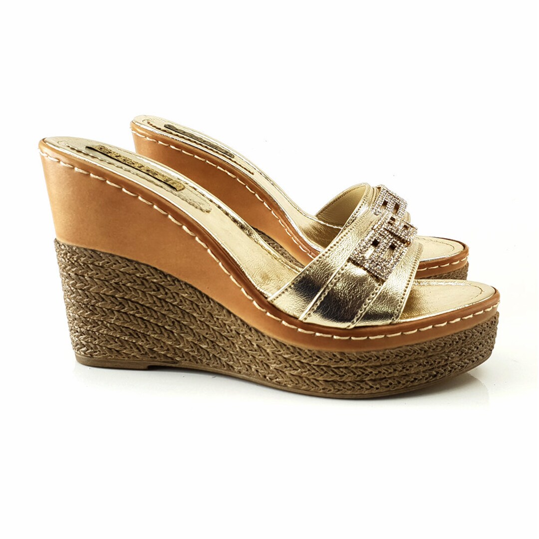 Gold Wedges Handmade in Leather With Greek Rhinestones - 41066 PLATINO ...