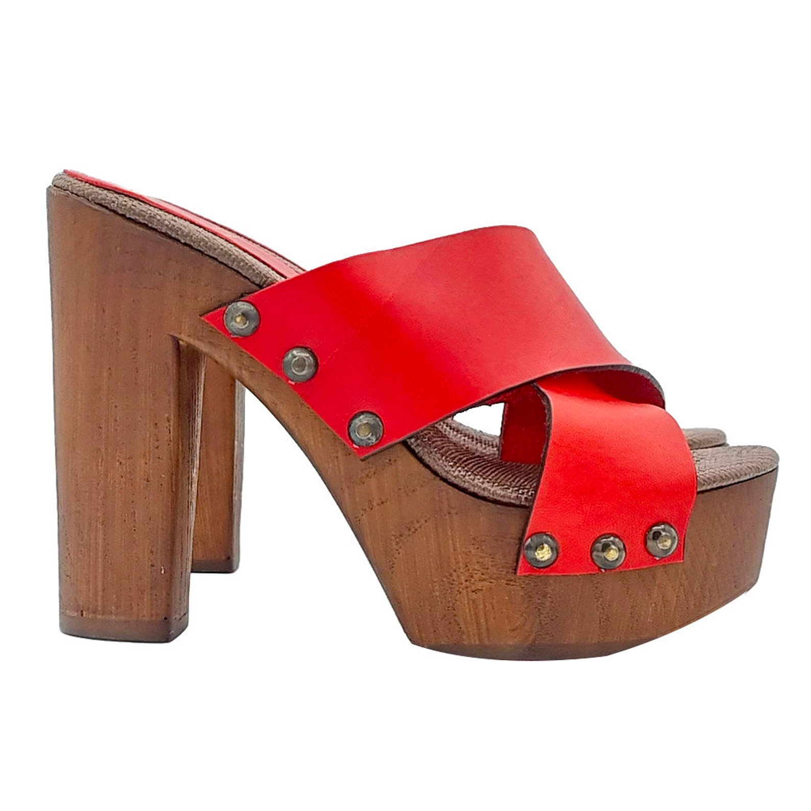 Red Clogs With Crossed Leather Bands and Heel 12 Made in - Etsy