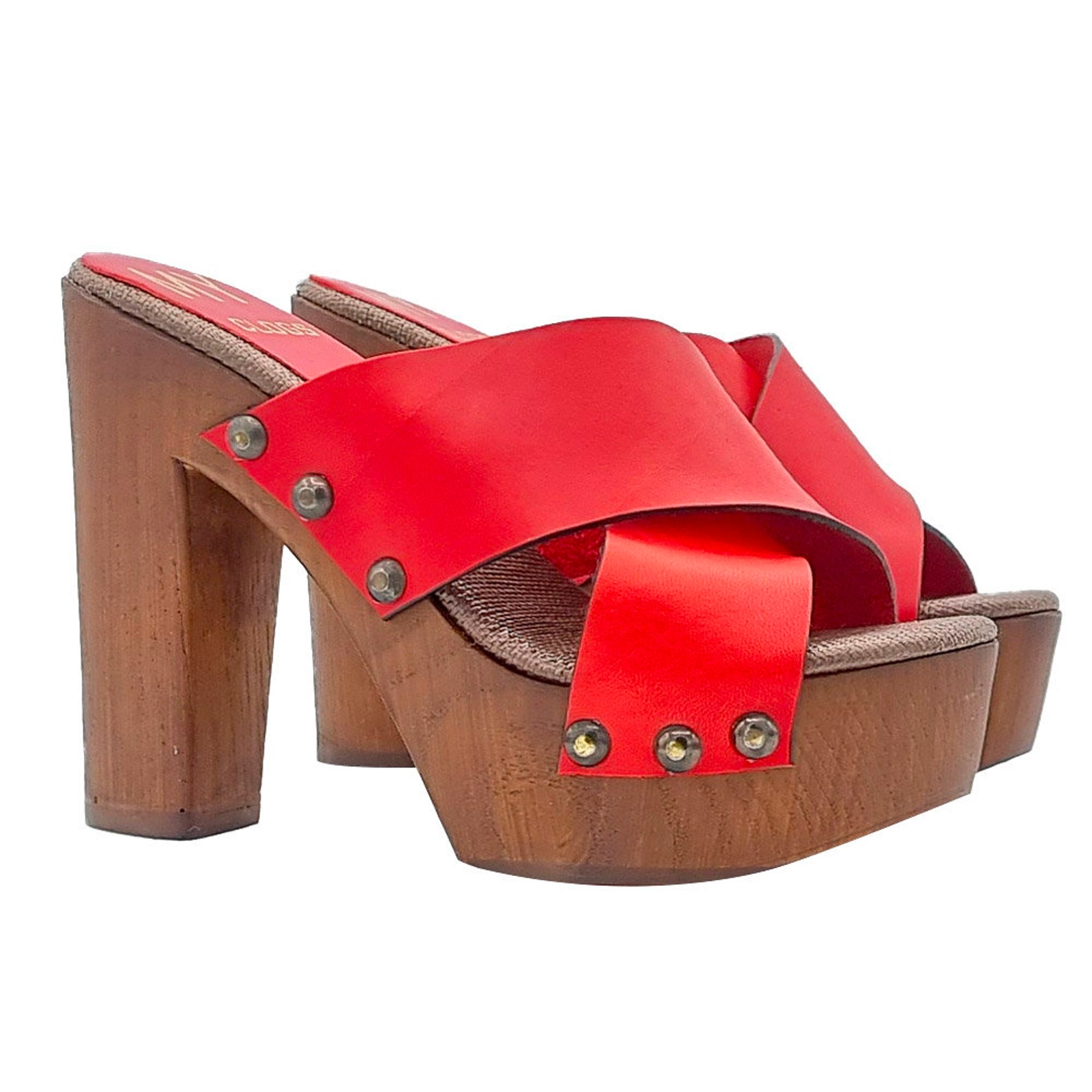 Red Clogs With Crossed Leather Bands and Heel 12 Made in - Etsy