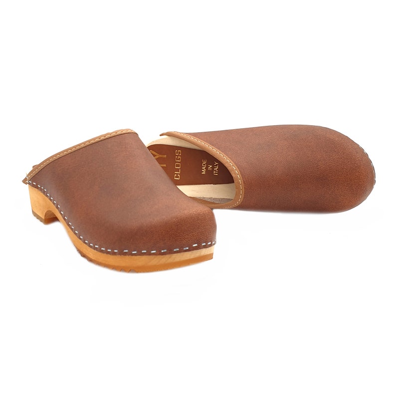 Classic Real Wood Clogs - Leather Upper - Made in Italy - MY64 MARRONE ...
