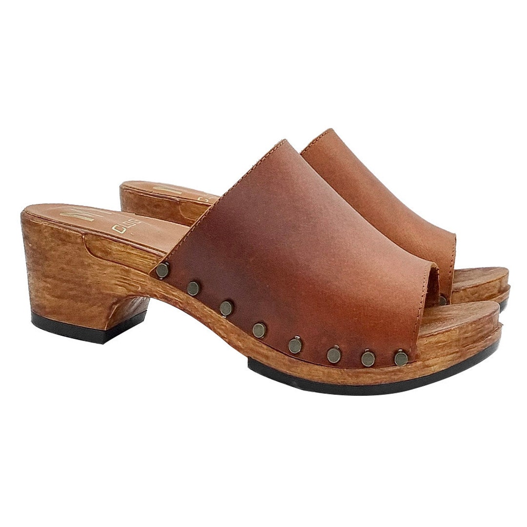 Low Brown Clogs With Wide Leather Band - Made in Italy - MY200 PELLE ...