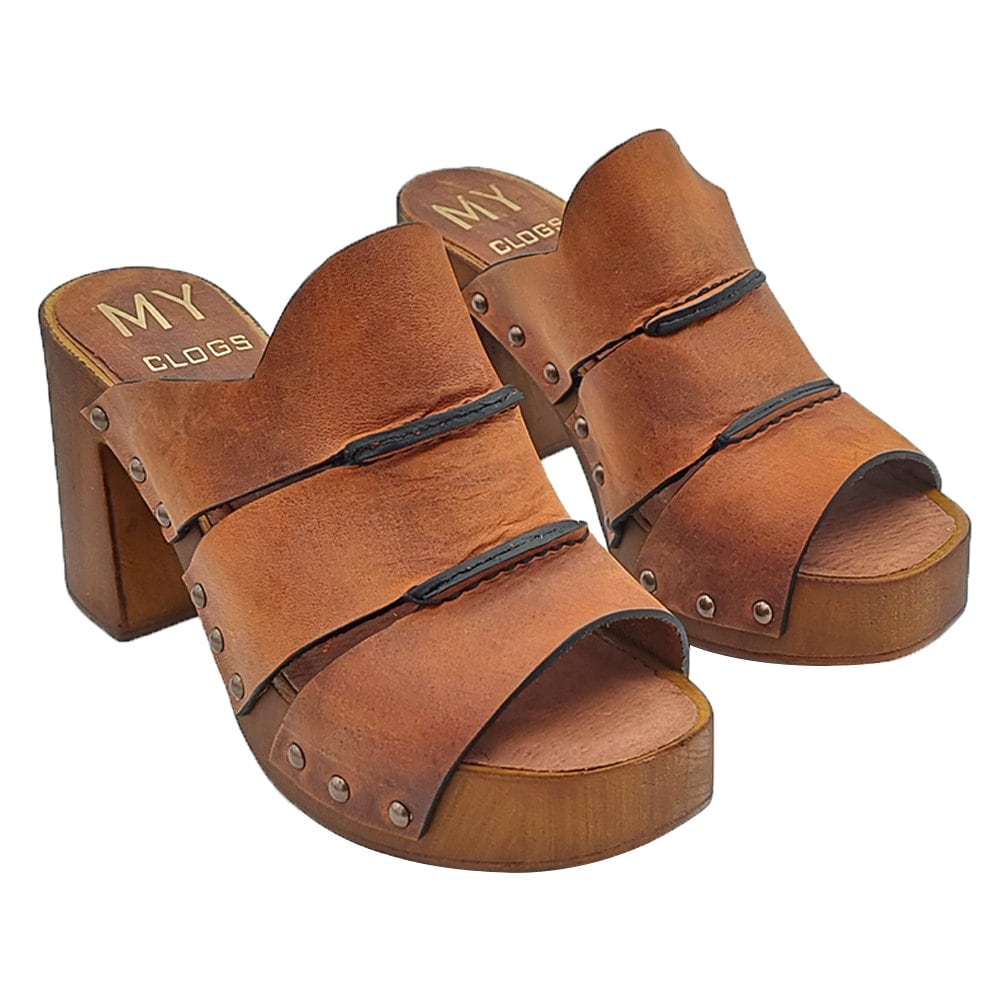 Women's Clogs in Brown Leather With 8,5 Heel - Made in Italy - MY250 ...