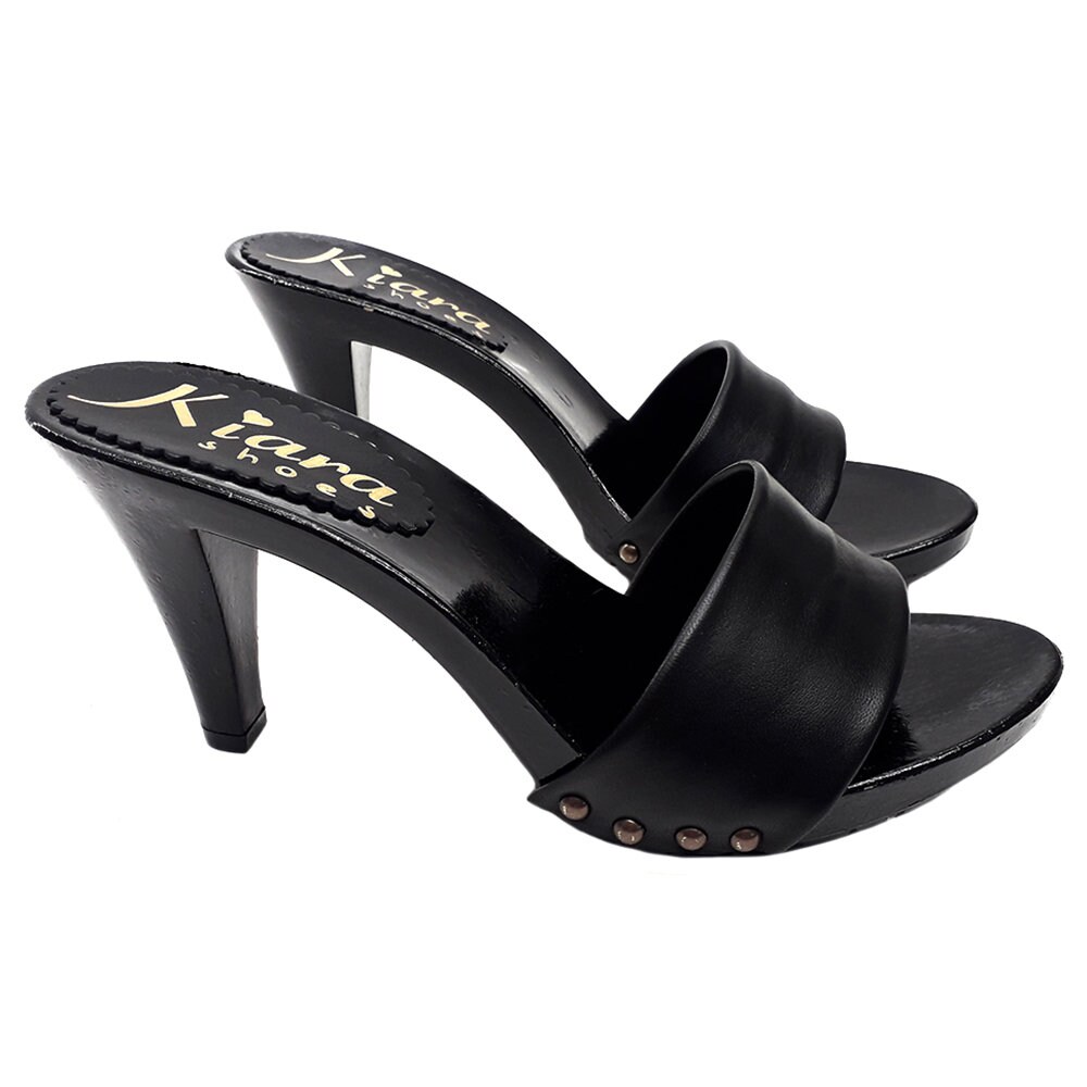 Kiara Shoes Black Clogs With Leather Upper Heel 9 K6508 NERO | Etsy