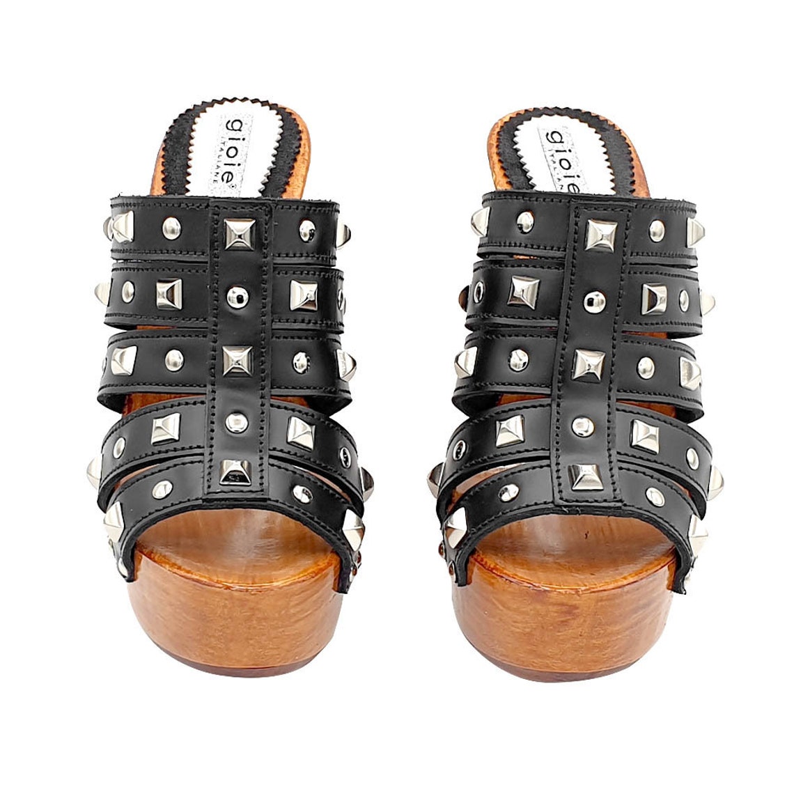 Clogs With Black Leather Bands and Silver Studs - Made in Italy - G9169 ...