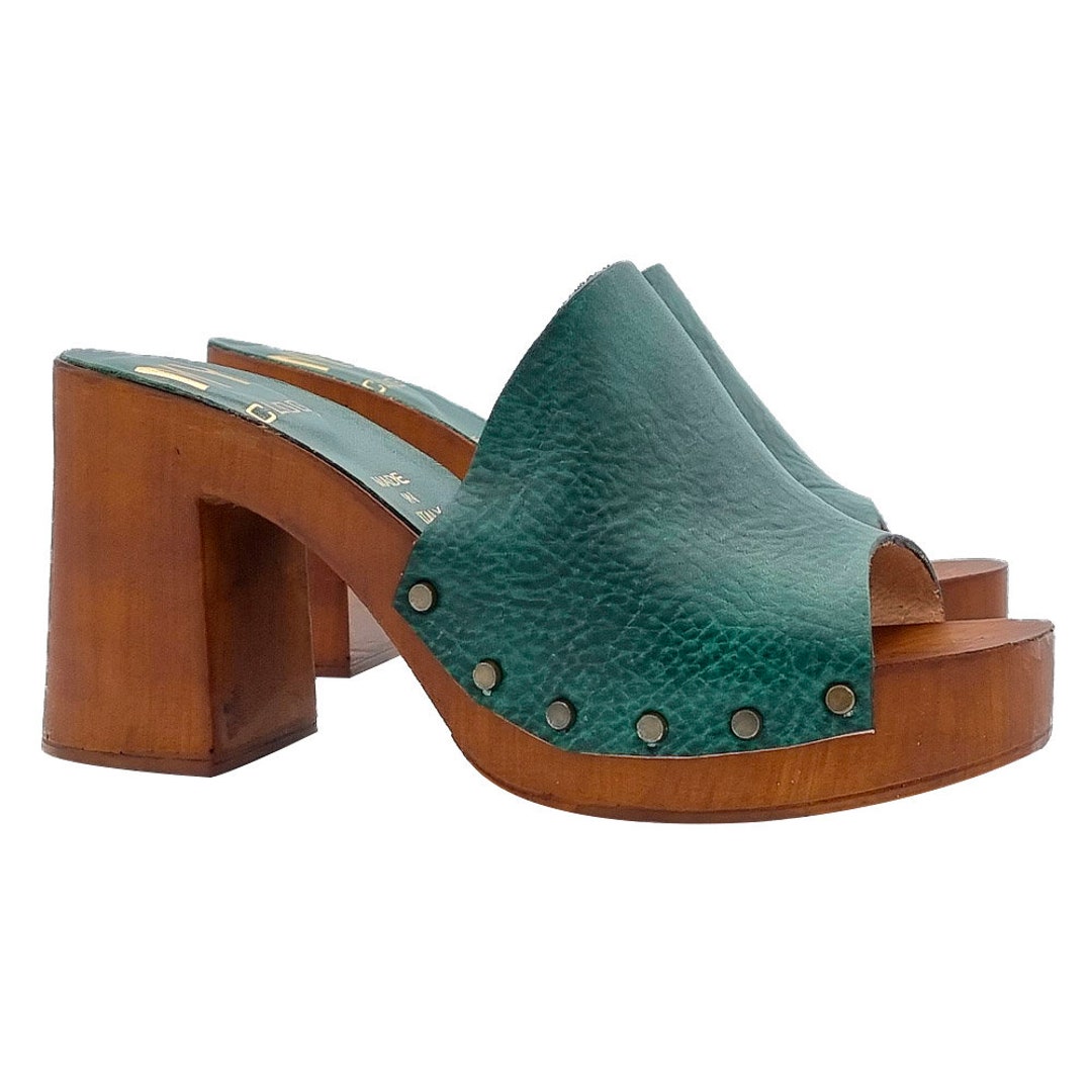 Green Clogs With Wide Leather Band and Heel 9 - Made in Italy - MY226 ...
