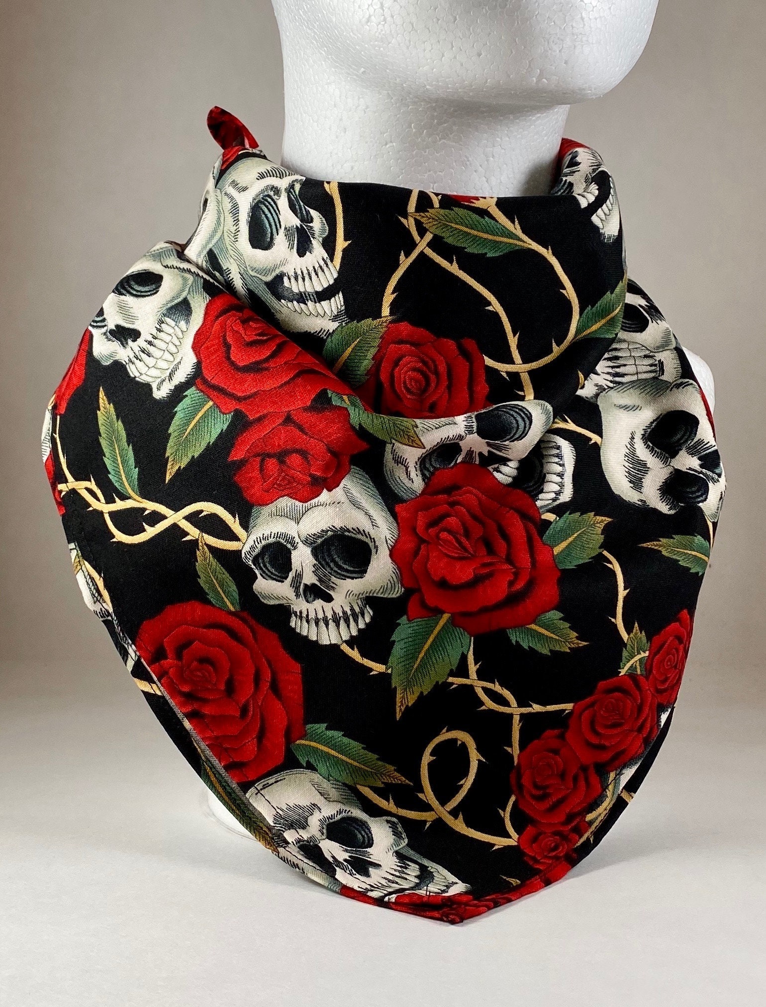 Bandana Skulls and Roses on black premium cotton scarf Rose | Etsy