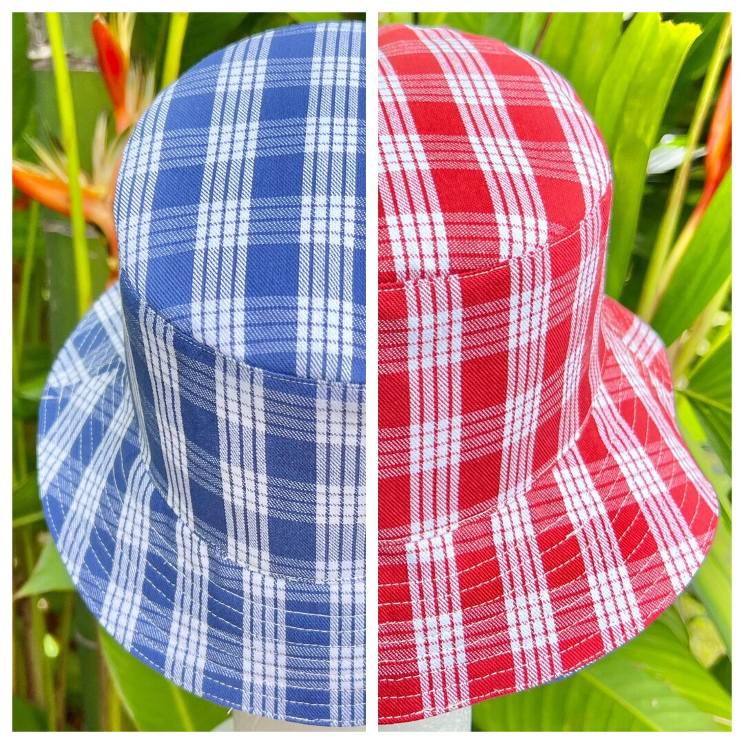 Checkered Palaka Bucket Hat Hawaiian Islands Sun Hat All Cotton Fully ...