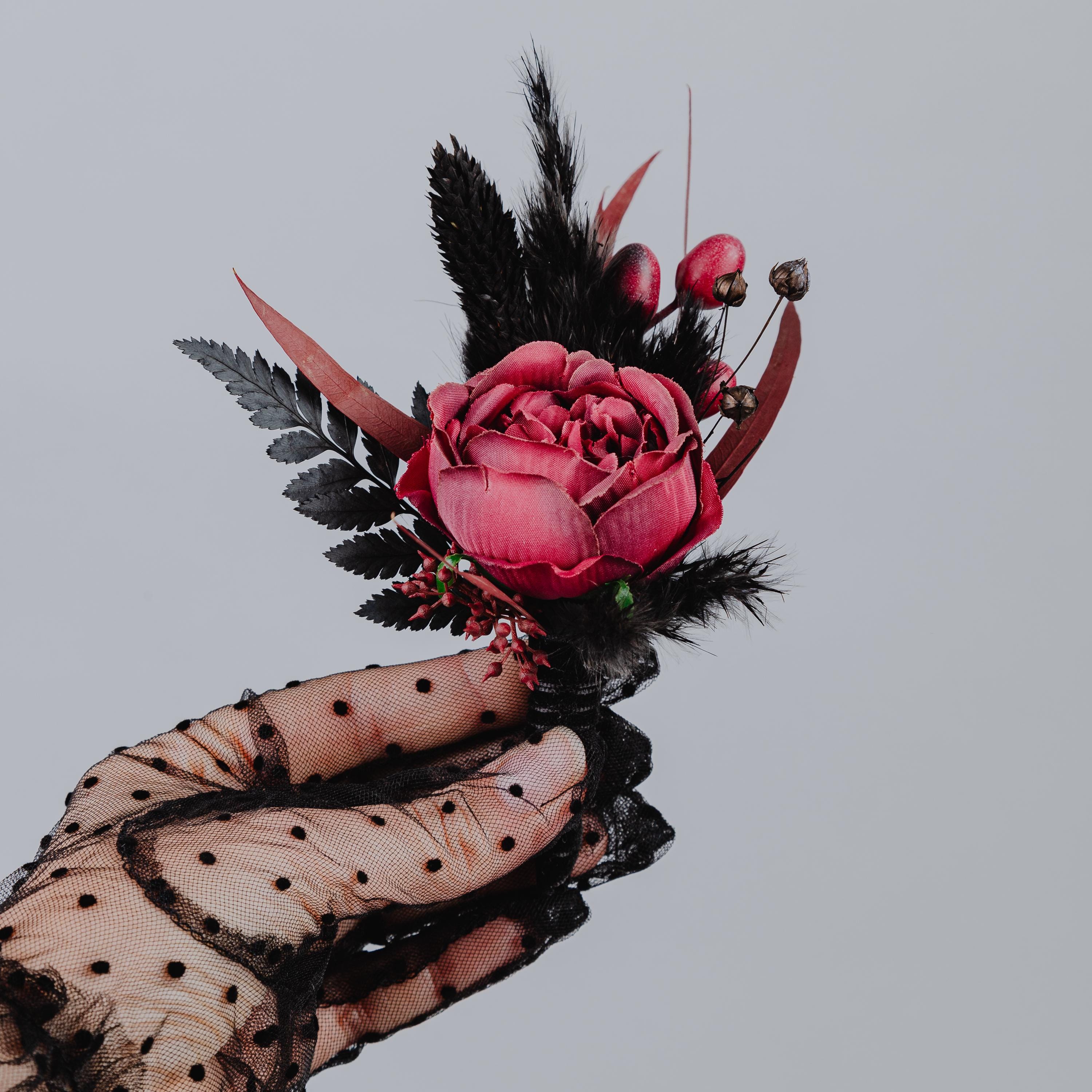 Gothic Wrist Corsage With Black and Burgundy Roses/lace Ribbon/dark ...