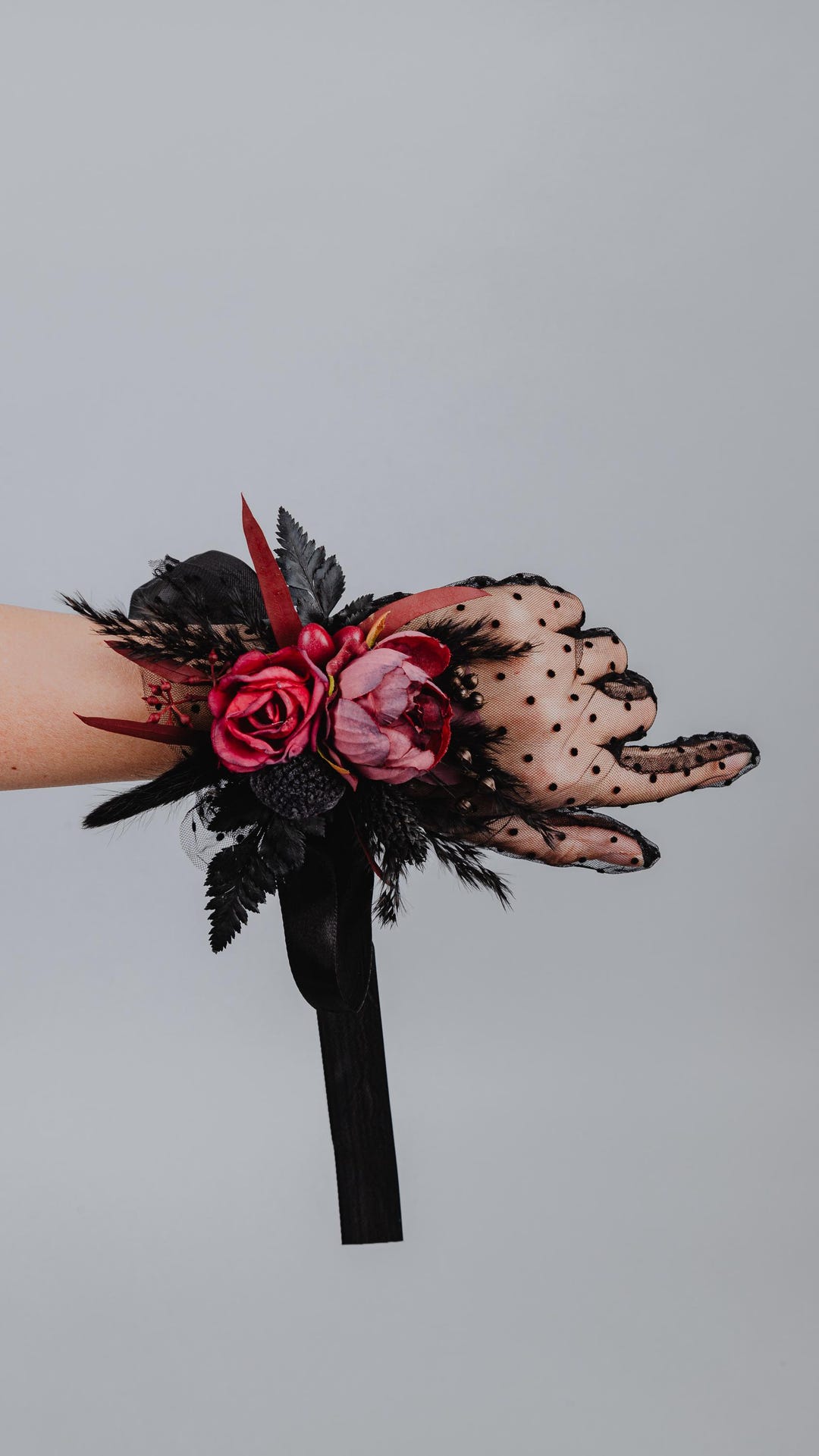 Gothic Wrist Corsage With Black and Burgundy Roses/lace Ribbon/dark ...