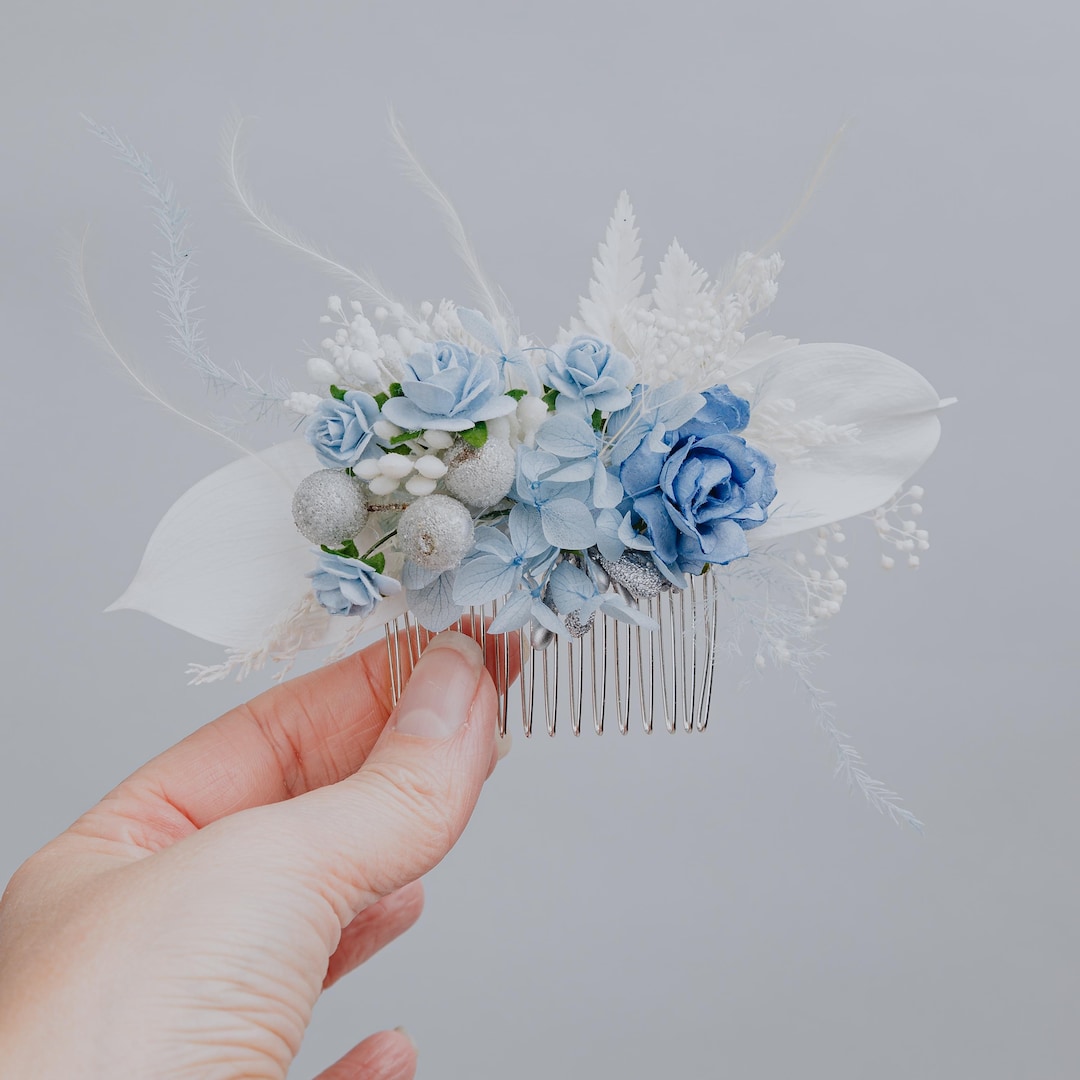 Dusty Blue White Silver Floral Hair Comb/winter Wedding Hairpiece/dried ...